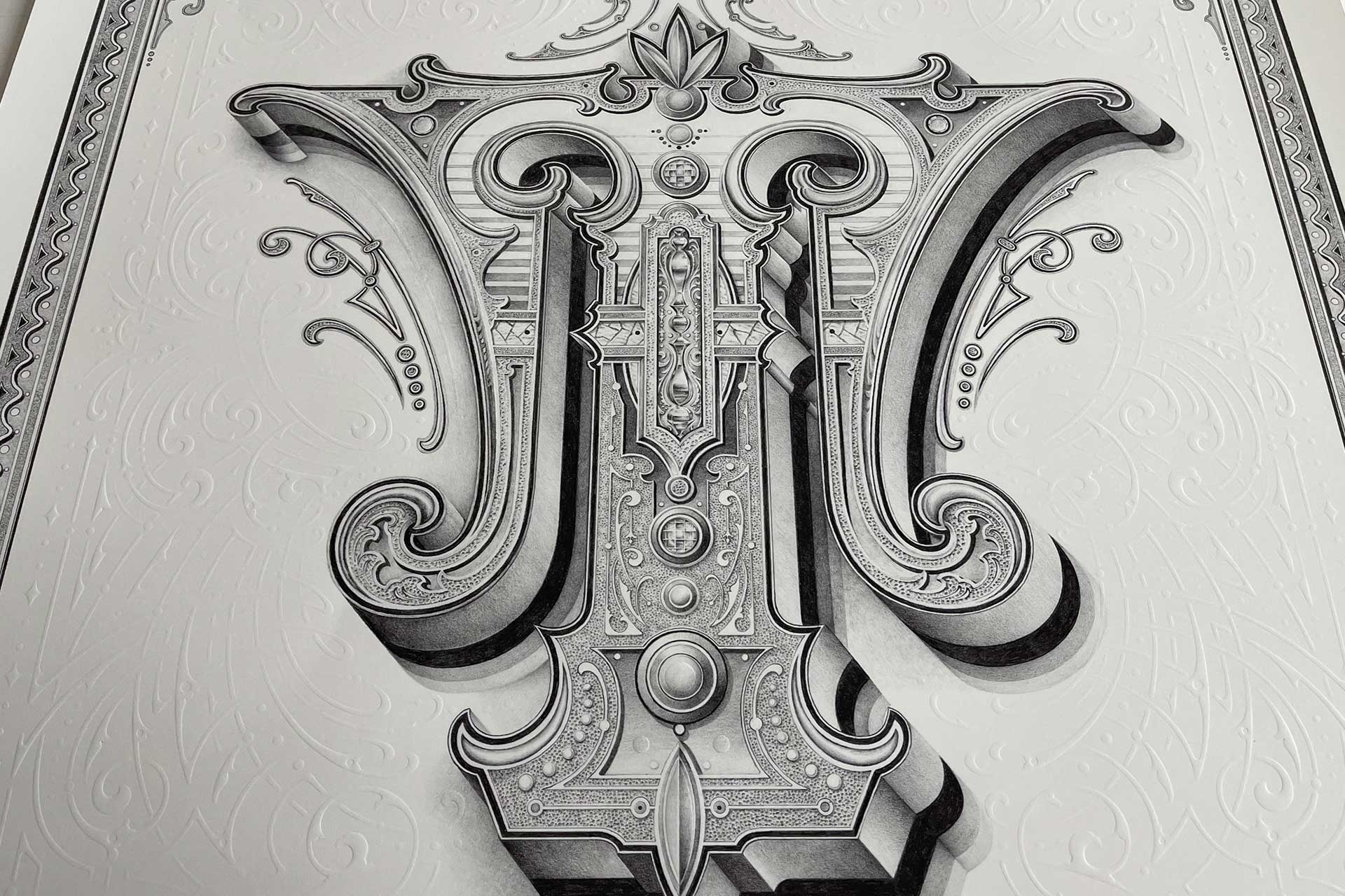 Letter T - blind de bossed Giclee pencil drawn print (includes free ...